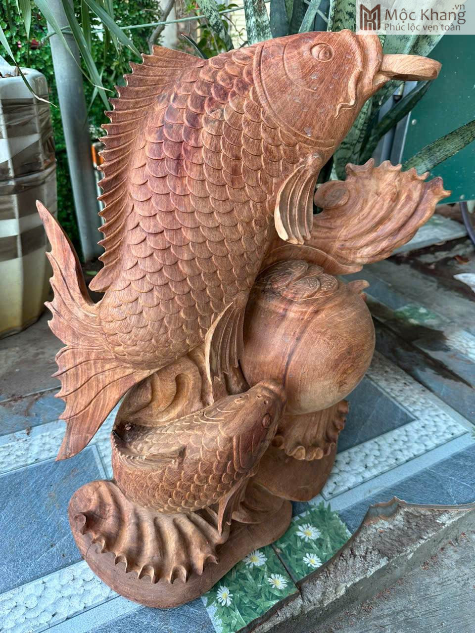 Tượng Song Ngư Kim Tiền Gỗ Hương Cao 58 (cm) - Mộc Khang
