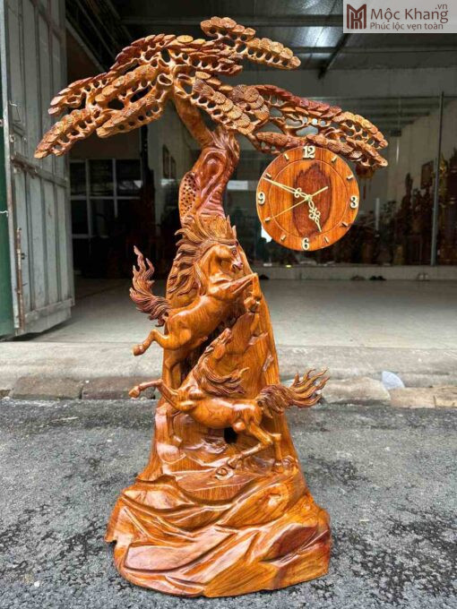 Đồng Hồ Song Mã Uyên Ương Gỗ Hương Cao 97(cm) - Mộc Khang